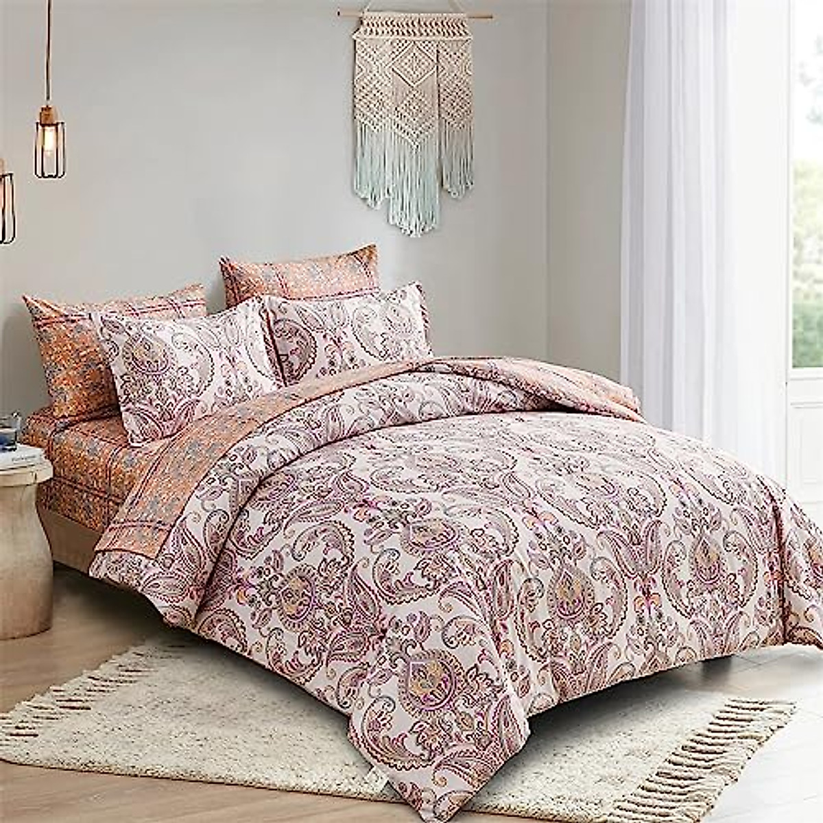 Yiran 7 Pieces Bed in a Bag Paisley Comforter Set Paisley Floral Bedding Set Soft Microfiber Boho Comforter King Size 90"×103"(1 Comforter,2 Pillowcases,2 Pillow Shams,1 Flat Sheet,1 Fitted Sheet)