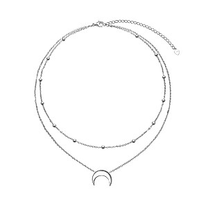 FLYOW Crescent Layered Choker Necklace S925 Sterling Silver Moon Pendant Jewelry Adjustable Clavicle Necklace for Women Birthday Gifts (Moon)