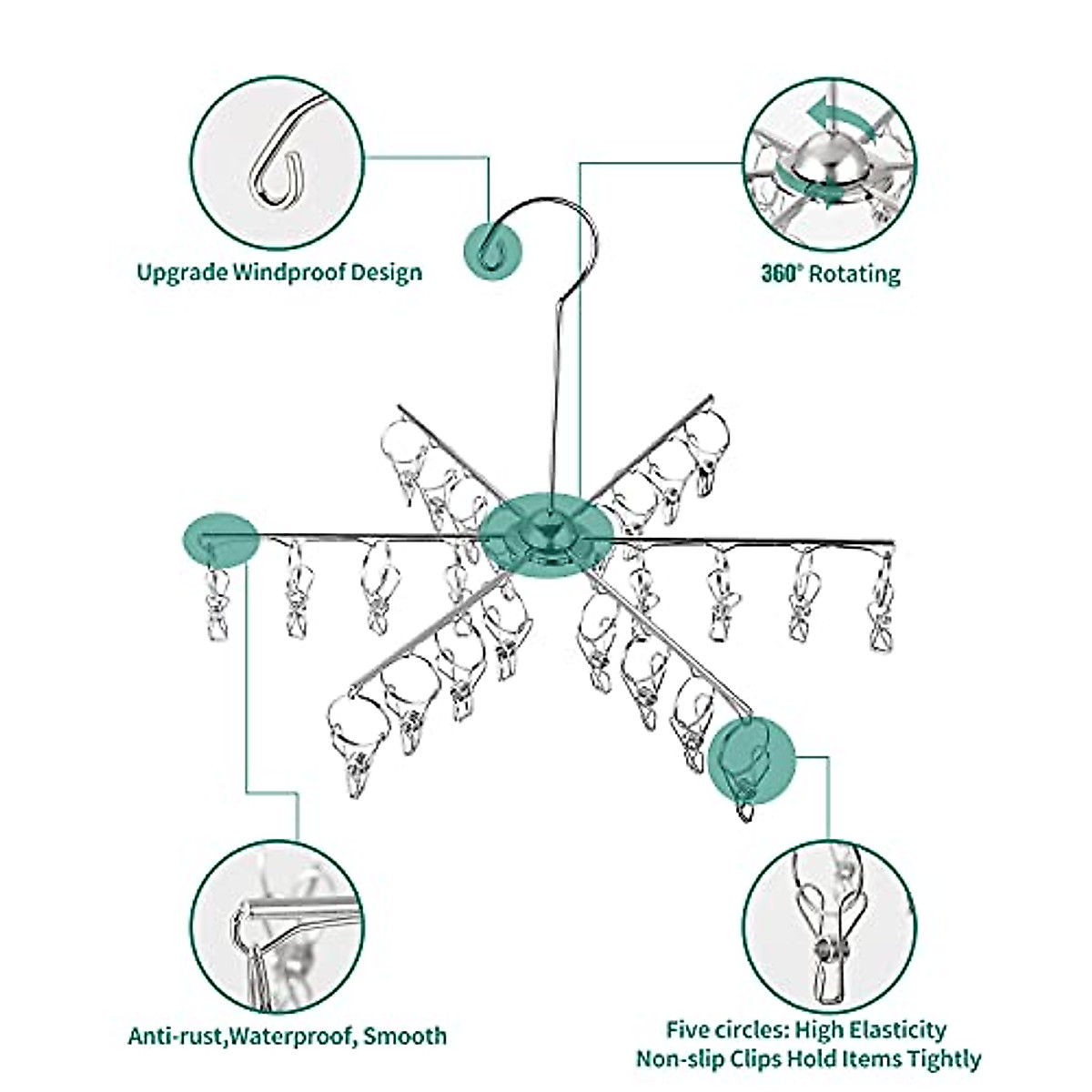 WYCQKL Laundry Drying Rack 2 Pack, 24 Clips Clothes Hangers, Collapsible Metal Dryer Rack for Drying Underwear, Towel, Socks, Baby Clothes, Bras, Herbs