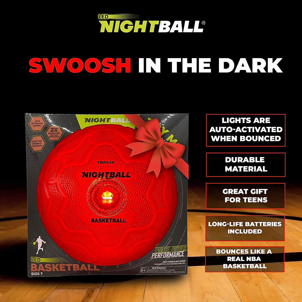 Nightball Basketball LED Light Up Basketballs - Glow in The Dark Glow Ball Basketball Gifts - Outdoor Basketball and Indoor Basketball - Gifts for Teenage Boys-Gift for Teen (Red)