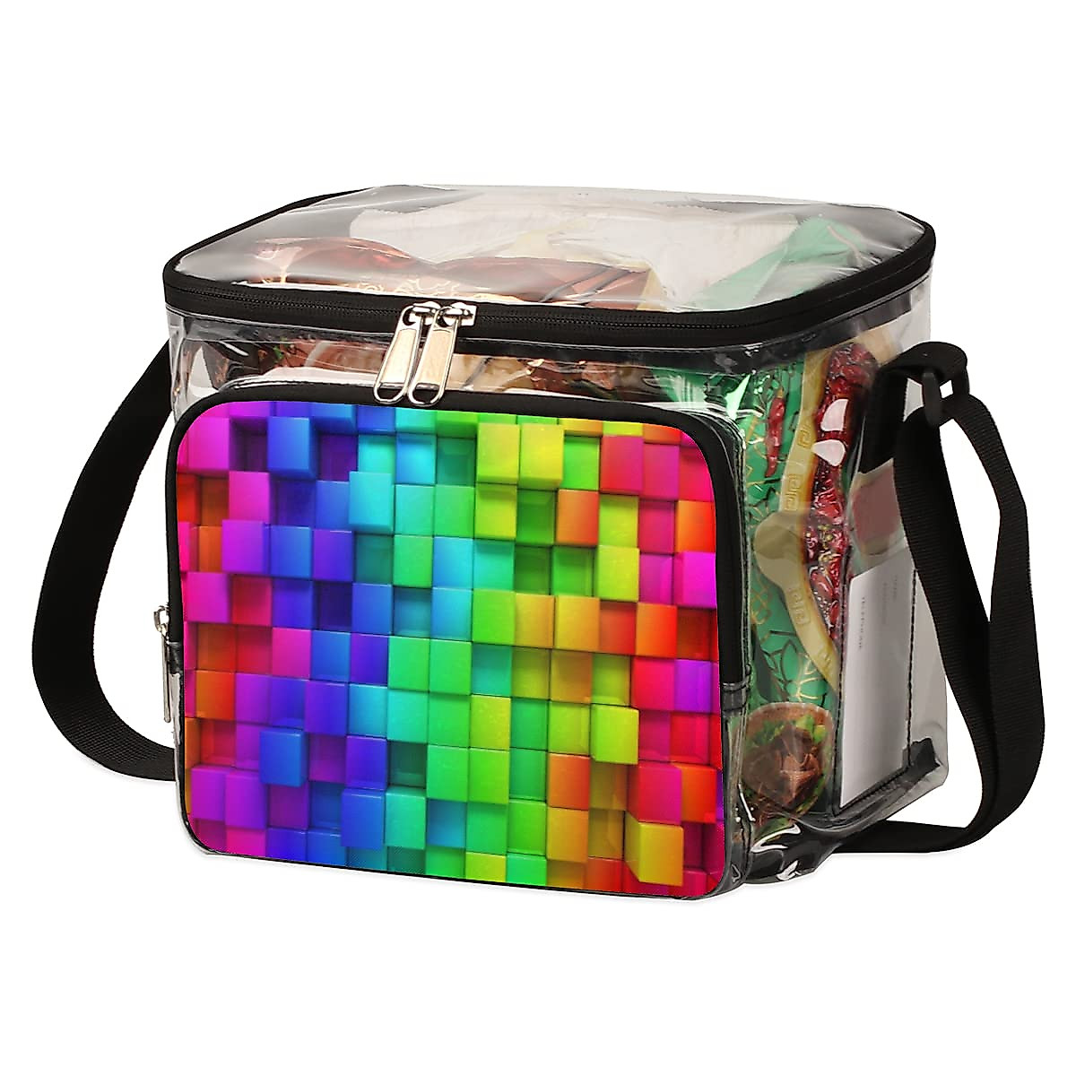 bisibuy Rainbow Box Pattern Clear Lunch Bag Stadium Approved PVC Plastic See Through Lunch box with Adjustable Strap for Sports Events Concerts Office