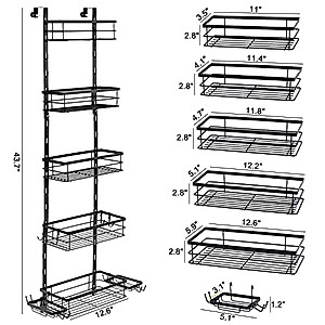 PINPON Over the Door Shower Caddy 5-tier Adjustable Hanging Shower Organizer with 8 Hooks Extra Large Metal Rustproof Bathroom Shelves Rack with 2 Detachable Soap Holder(Black)