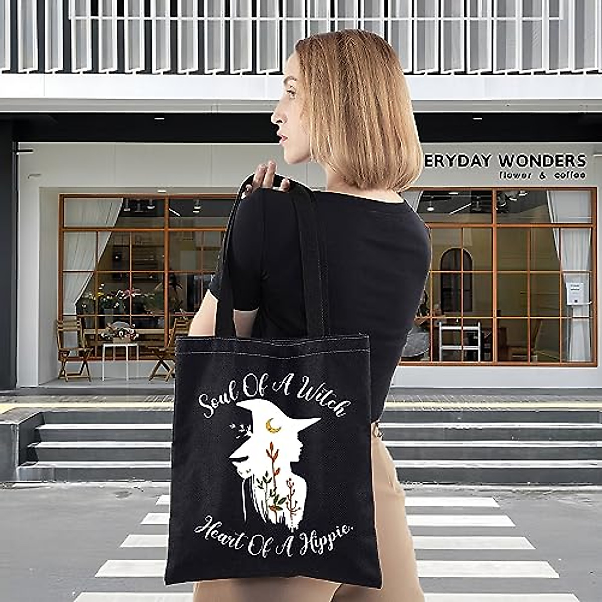 LEVLO Witch Canvas Tote Bag Witchy Gift Soul Of a Witch Heart Of a Hippie Shoulder Bag Witch Magic Merchandise (Soul Of a Witch BT)