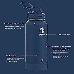 Takeya Actives Insulated Stainless Steel Water Bottle with Spout Lid, 40 Ounce, Midnight Blue & Actives Straw Lid for Insulated Water Bottle, Wide Mouth, Black