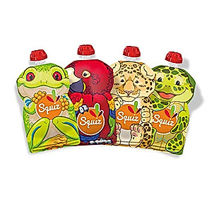 SQUIZ - 4 Swiss-Made Pack Reusable Food Pouches 4,4 oz (130ml) - Refillable Squeeze Food Storage for Baby, Toddler and Kids - Washable and Freezer Safe Bags - BPA Free - Fun Designs