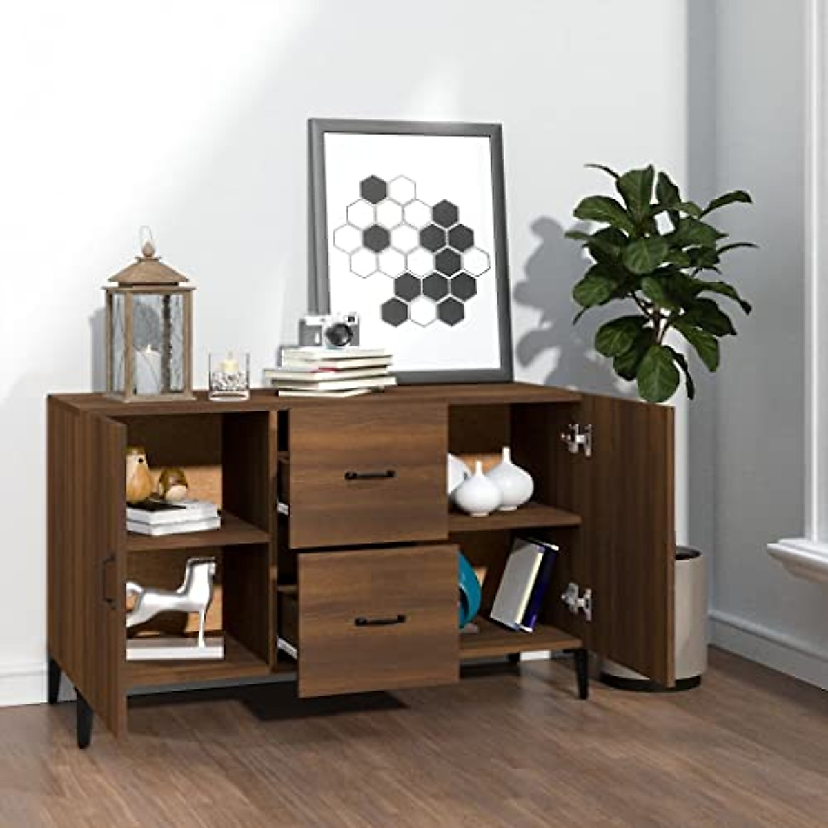 loibinfen Sideboard Buffet Server Storage Cabinet with Drawers and Doors, Console Table Home Kitchen Sideboard with Metal Legs, Dining Room Furniture Cupboard, Brown Oak 39.4"x14.2"x23.6" -AA