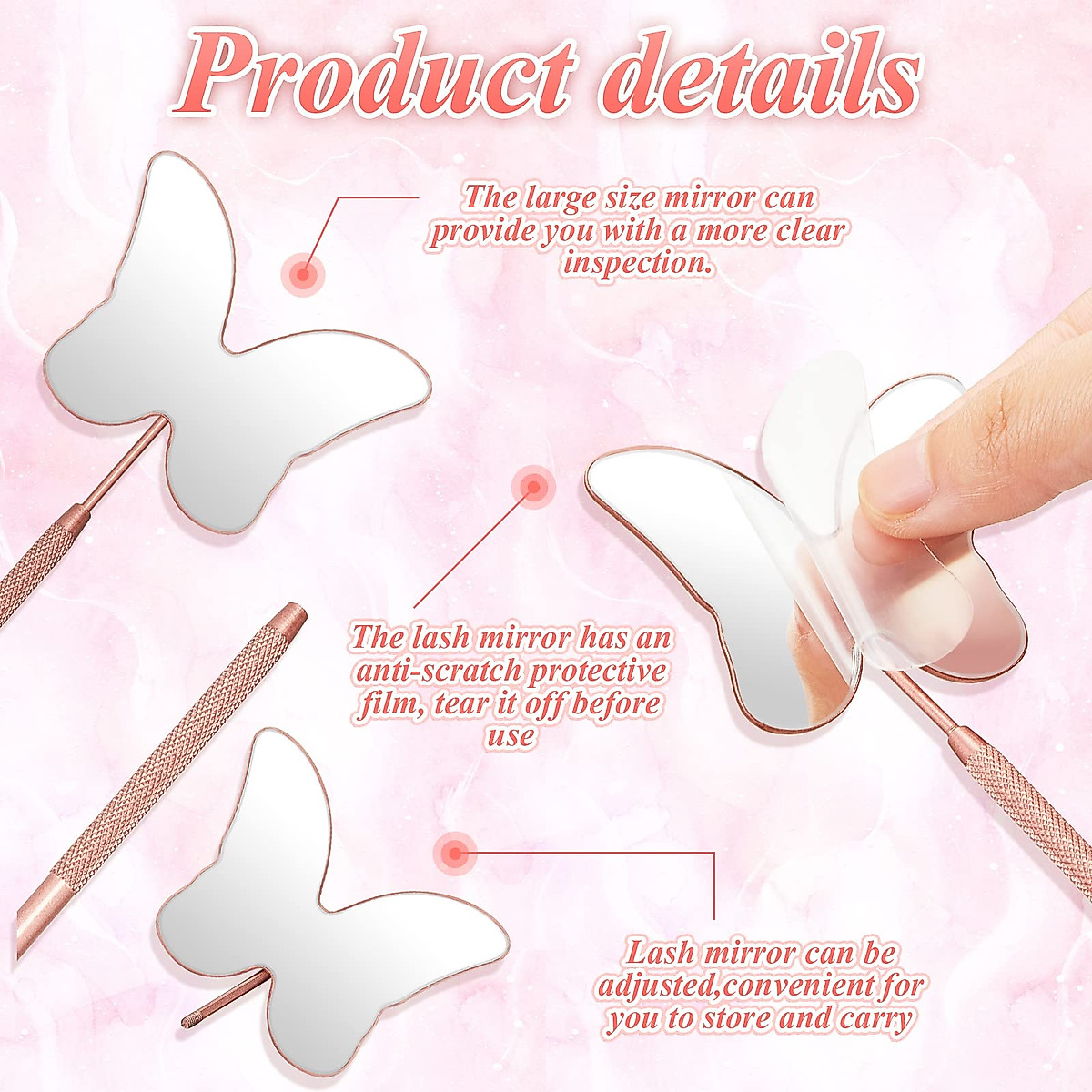 2 Pieces Lash Mirror Stainless Steel Lash Makeup Mirror Butterfly Eyelash Mirror Detachable Square Lash Extension Mirror Eyelash Extensions Accessories for Lash Extension Supplies, Pink and Rose Gold