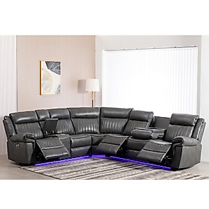 Hybition Power Reclining Sectional Sofa Multi-Functional 6 Seater Sectional Sofa L-Shaped PU Leather L-Shaped Sofa LED Lights Stereo Storage Cup Holders USB -Grey