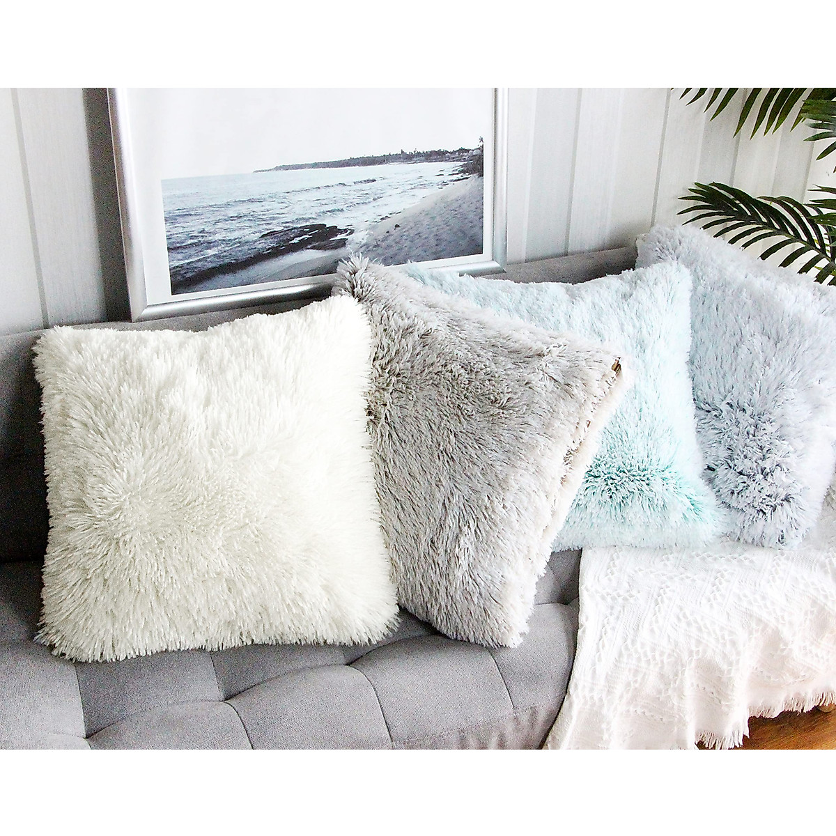 Uhomy Home Decorative Luxury Series Super Soft Style Artificial Fur Throw Pillow Case Cushion Cover Fluffy Double Side for Sofa/Bed, Cream 18x18 Inch 45x45 cm Set of 2