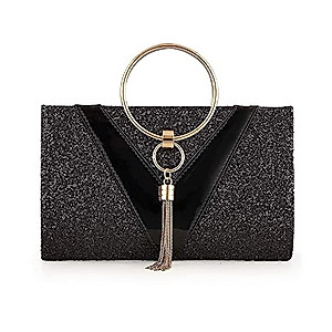 JURLEA Women Evening Bag Tassels Clutch Bag Glitter Clutch Purse Wedding Party Black Clutch with Chain (Black - Glitter)