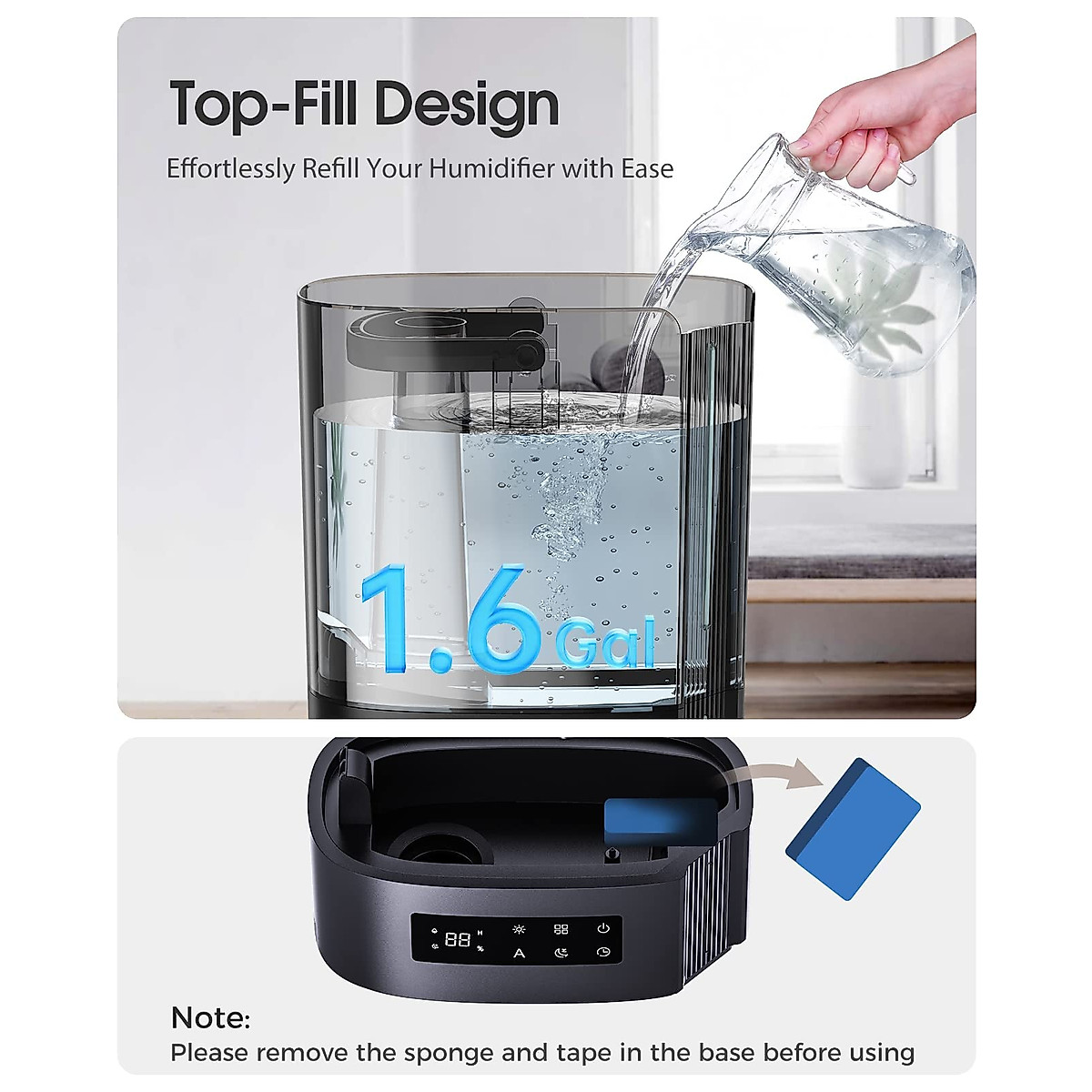 Humidifiers for Bedroom, 6L Top Fill Cool Mist Humidifiers for Large Room for Plants,TABYIK Air humidifier with Humidistat and Timer, with Essential Oil Diffuser Quiet for Home Black