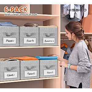 MISSLO 6 Pack Closet Storage Bins for Shelves with Label Holders Linen Closet Storage Basket for Organizing Clothes Organizers Non-Metal Fabric Storage Bin Organizer, Gray