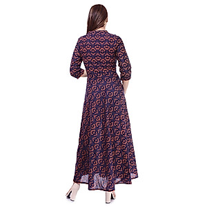 Ramkudi Indian Women's Printed Cotton Kurti Top (Blue-Brown)
