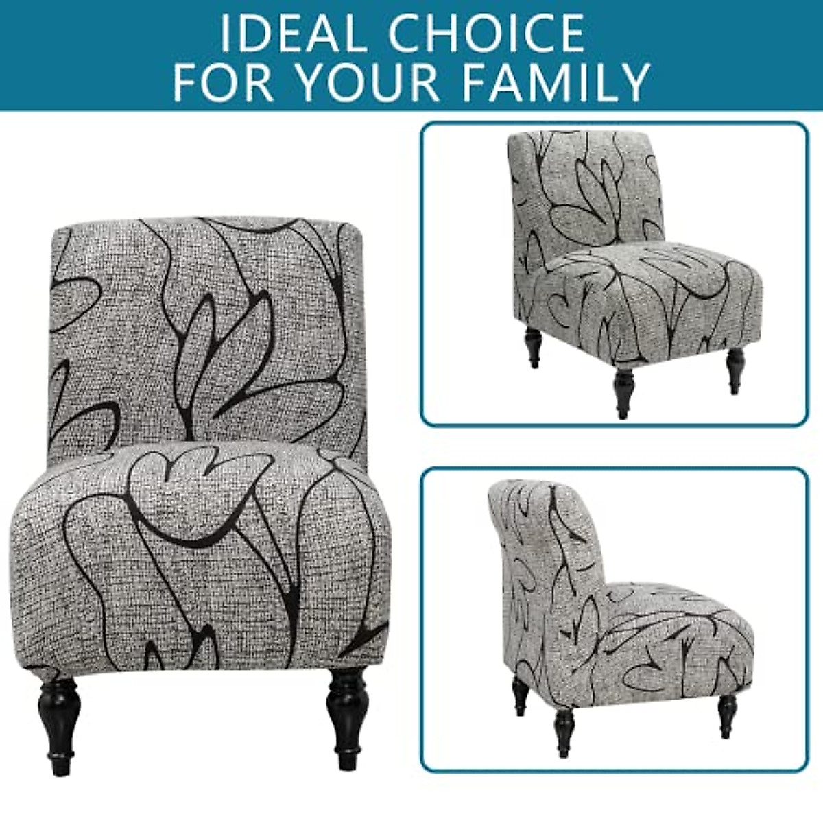 Liykimt Armless Accent Slipper Chair Cover Slipcover,Slipper Chair Without Arms Fabric Stretch Spandex Removable for Armless Chair Furniture Protector Covers for Living Dining Room(1,Gray/Black)