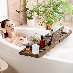 Teak Bathtub Tray - Luxury Bath Tray with Expandable Handles, Wine Glass and Phone Holders, Book Stand - Perfect for Home Spa Relaxation and Reading - Natural Bath Accessories