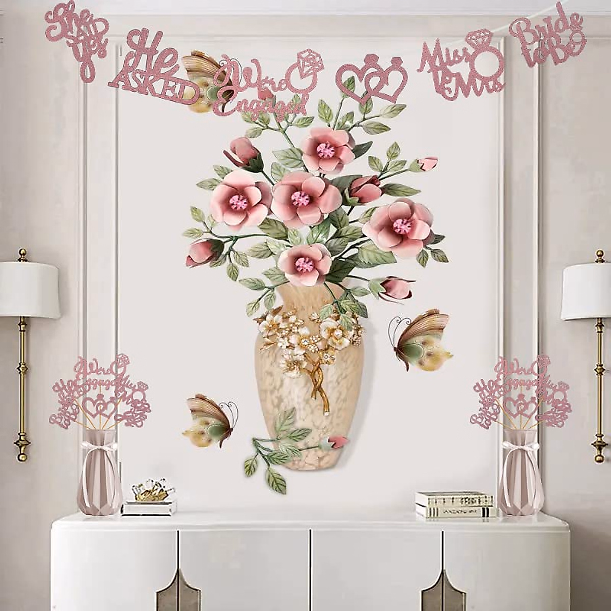 Rose Gold Wedding Party Decoration - He Asked - She Said Yes - Mr &Mrs - Bride To Be - We're Engaged and Love - 12 Pcs Glitter Wedding Cake Toppers Centerpiece Sticks Flower or Table Toppers