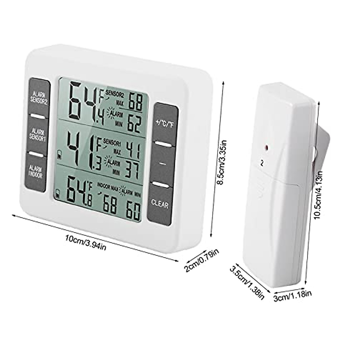 plplaaobo Therometer, 2pcs Refrigerator Temperature Sensor Wall-Mounted Wireless with Min/Maximum LCD Display, Portable Digital Alarm Thermometer with Adjustable Hanging Hook for Homes Offices