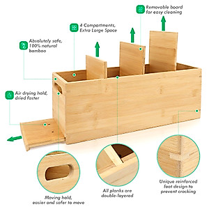 ChalkLit Bamboo Utensil Holder, Extra Large 4 Compartments Kitchen Wooden Utensil Holder Organizer for Countertop, Cooking Utensil Caddy Farmhouse Utensil Crock, Efficient Cooking Tools Storage