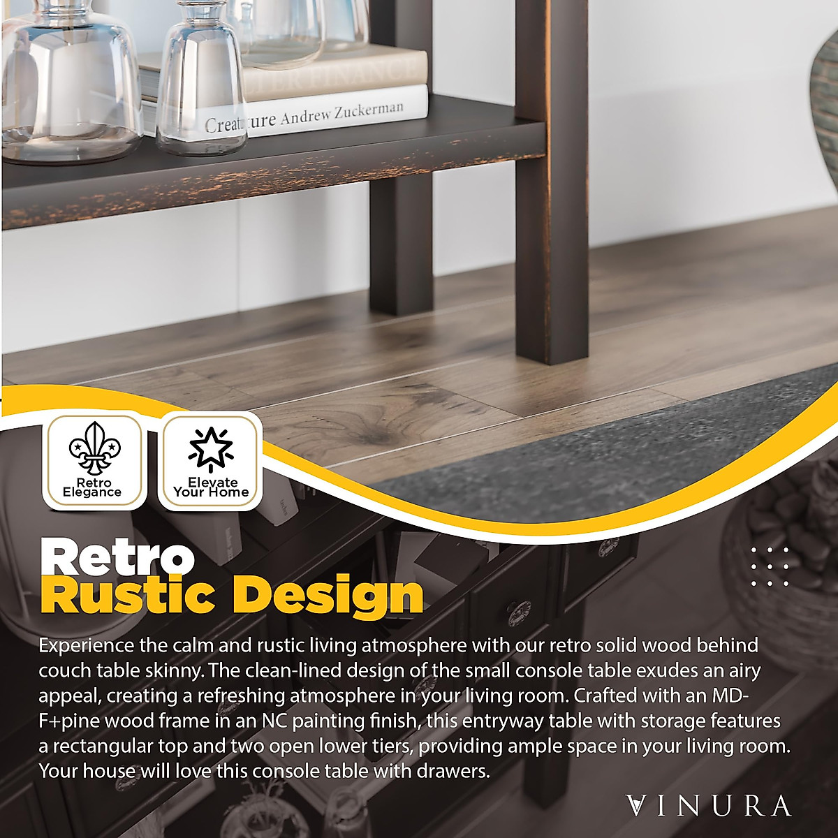 Venera Console Tables for Living Room - Solid Wood Black 60” Entryway Table with Storage - Behind Couch Table Skinny & Two Drawers - Environmental-Friendly Entry Way Table Home Furniture