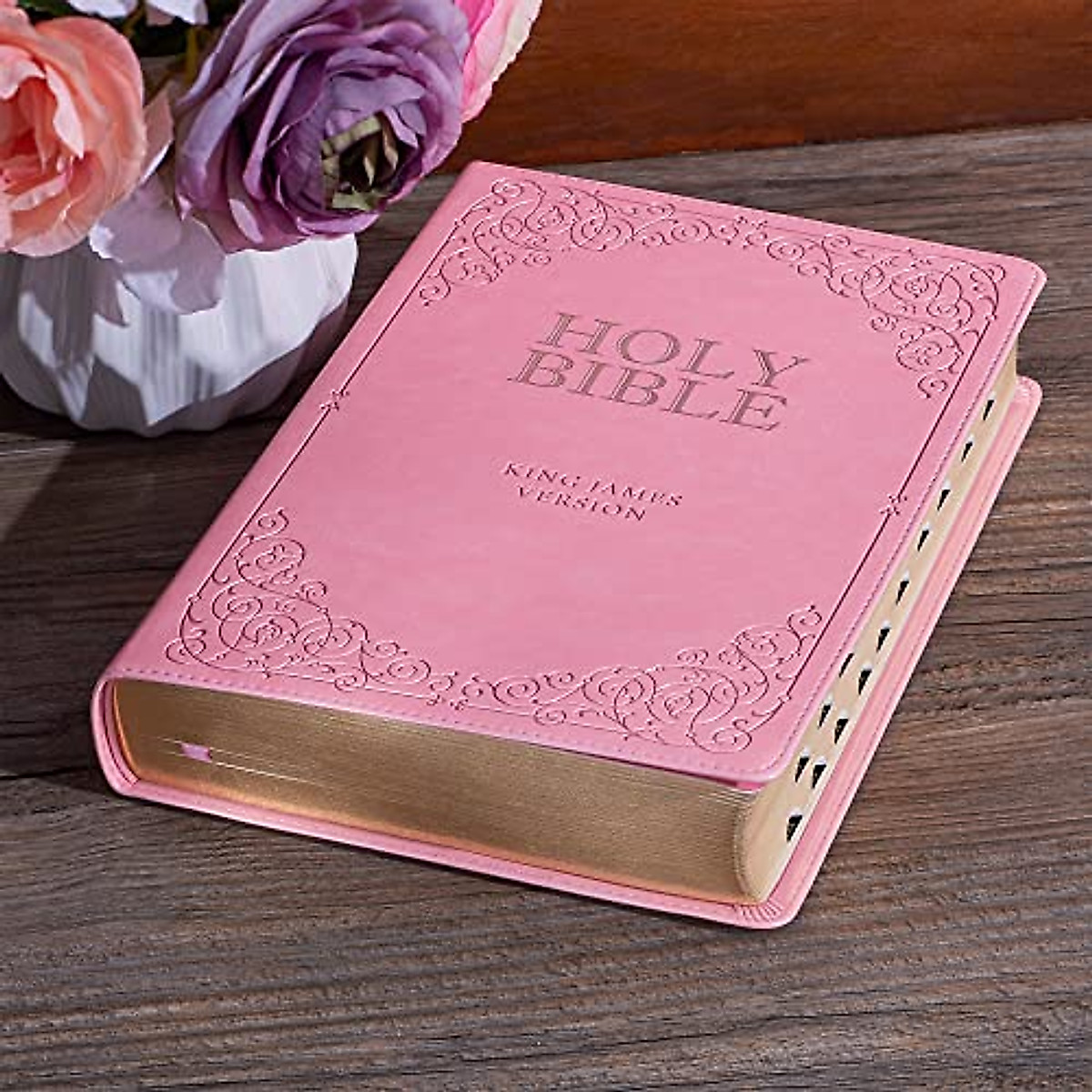KJV Holy Bible, Giant Print Full-size Faux Leather Red Letter Edition - Thumb Index & Ribbon Marker, King James Version, Pink