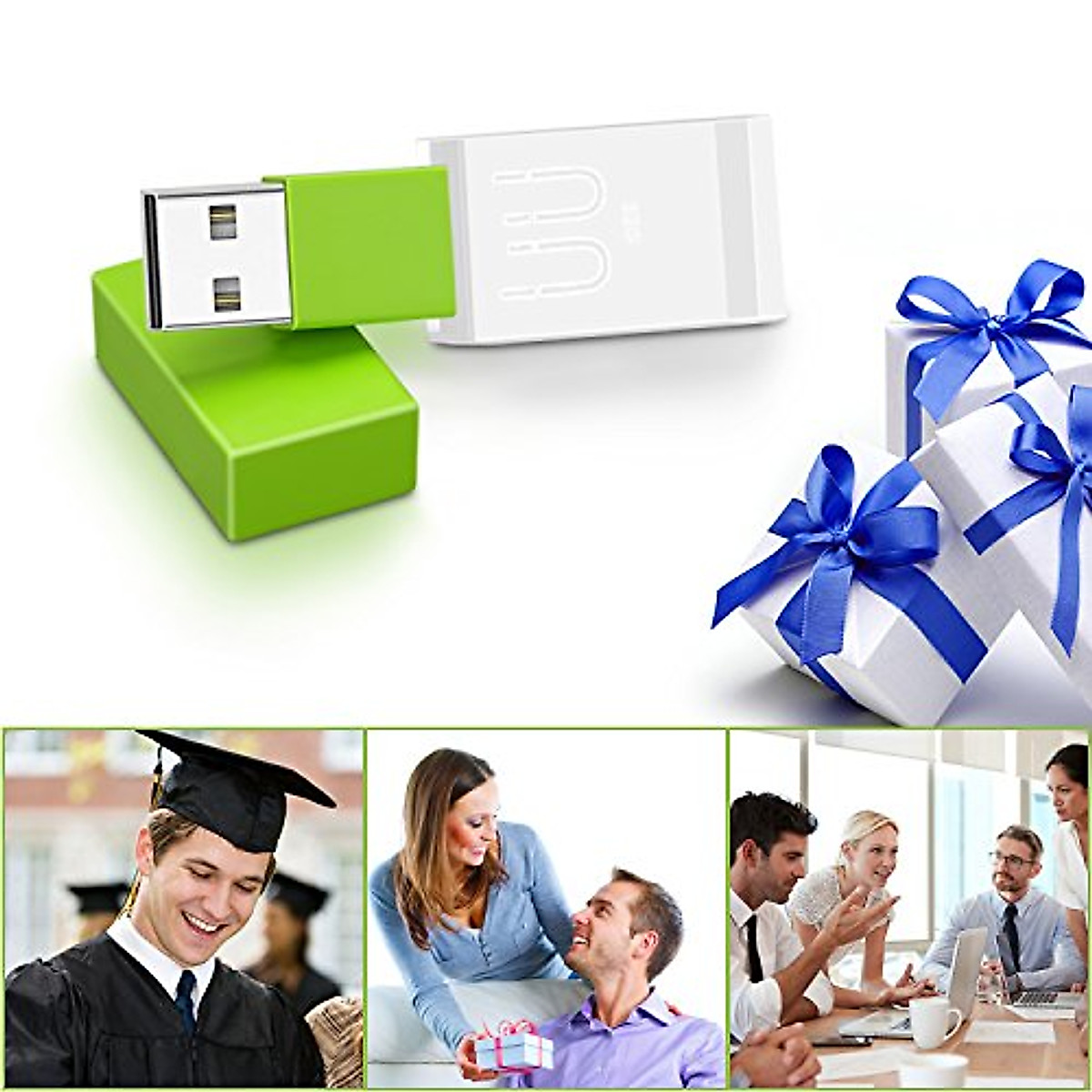 Crystal USB Flash Drive Waterpoof Flash Disk Thumb Drive high Speed led Light Special USB Memory Stick 32G UU (Blue+Green 2 Pack)