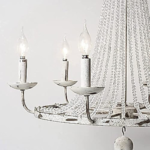 TPMAFF Vintage Chandelier Boho Style Wagon Wheel Chandelier, Shabby Chic Antique White Chandelier, Crystal Hanging Beads and Spa