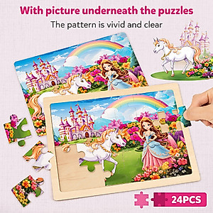 SYNARRY Large Unicorn Princess Fairy Wooden Puzzles for Girls Gift Box(12.2*9.4 in) - FSC Certified, 24 Pcs Puzzles for Kids Ages 4-6, Puzzles for Toddlers 3-5, Unicorn Toys Gifts for 3 4 5 Year Old