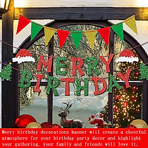 Christmas Birthday banner Merry Birthday Christmas Banner Decorations Red Green Glitter Christmas Xmas Tree Decorations Birthday Cake Toppers Decoration Baby Shower Vacation Holiday Party Decorations