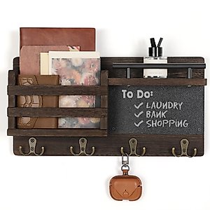 Lucundm Key Holder for Wall, Mail Holder Organizer Wall Mount with Chalkboard and Shelf, Key Hanger Rack with 4 Dual Hooks for Coat Dog Leash, Farmhouse Entryway Decor (Brown)