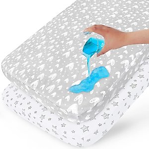 Waterproof Bassinet Sheets Fit for Halo, Dream on Me, Ingenuity, Fisher Price, Delta, Graco and Other Oval Bassinet Mattress, 2 Pack, 100% Cotton, Ultra Soft, White Grey Star Print for Baby