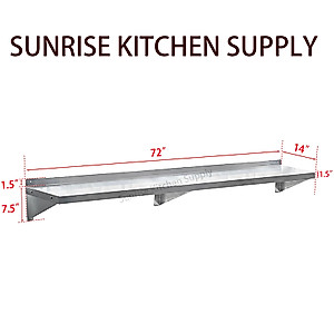 SUNRISE Commercial 430 Stainless Steel Kitchen Wall Shelf, NSF Certificated, Wall Mounted, Solid Shelving for Restaurants, Bars & Hotels (14" x 72")