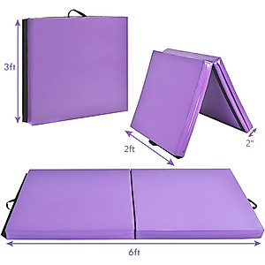 Giantex 6'x 2' Folding Gymnastics Mat, Exercise Mat w/Carrying Handles, Small Size, Easy to Store and Clean, Lightweight Tumbling Mat for Gym, Home (Purple)