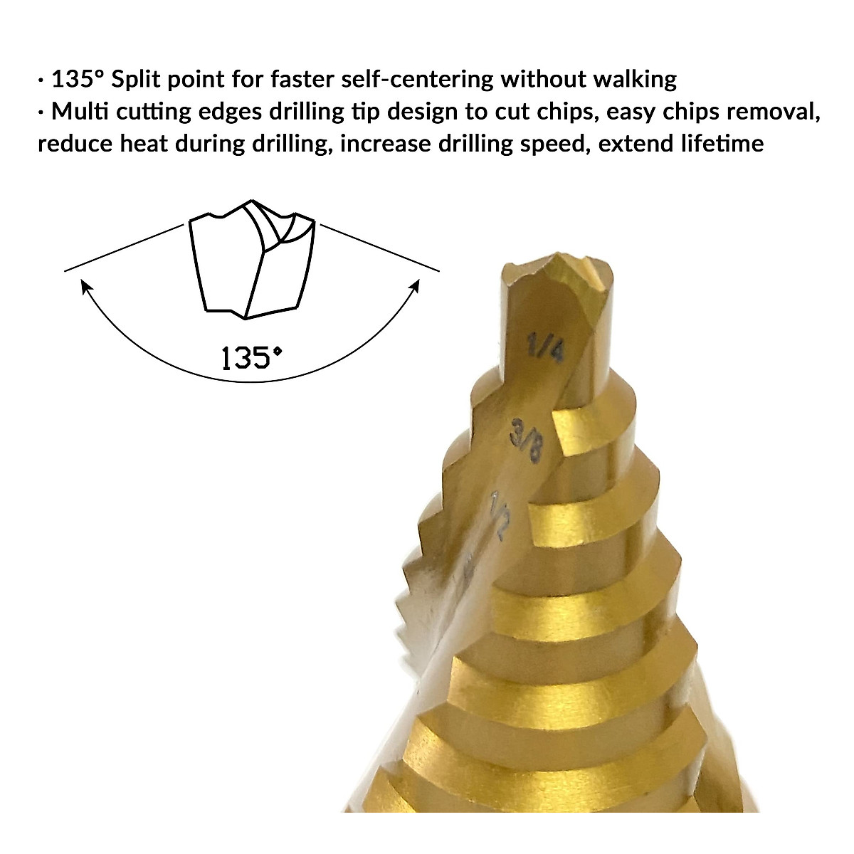 NordWolf HSS Titanium Step Drill Bit, Spiral Groove Double Flute Multiple Hole Unibit for Sheet Metal, 10 SAE Step Sizes 1/4" to 1-3/8"