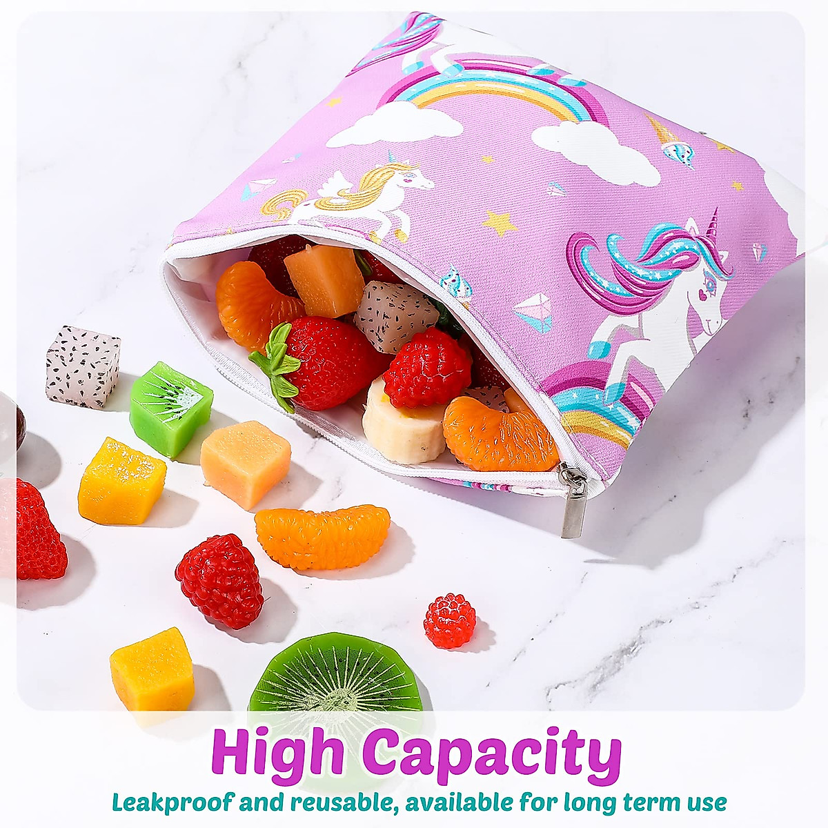 Chumia 6 Pieces Reusable Snack Sandwich Bags School Lunch for Kid Students Adults Large Snack Pouch Zipper Cartoon Washable Bags for Food 7 x 7 Inch