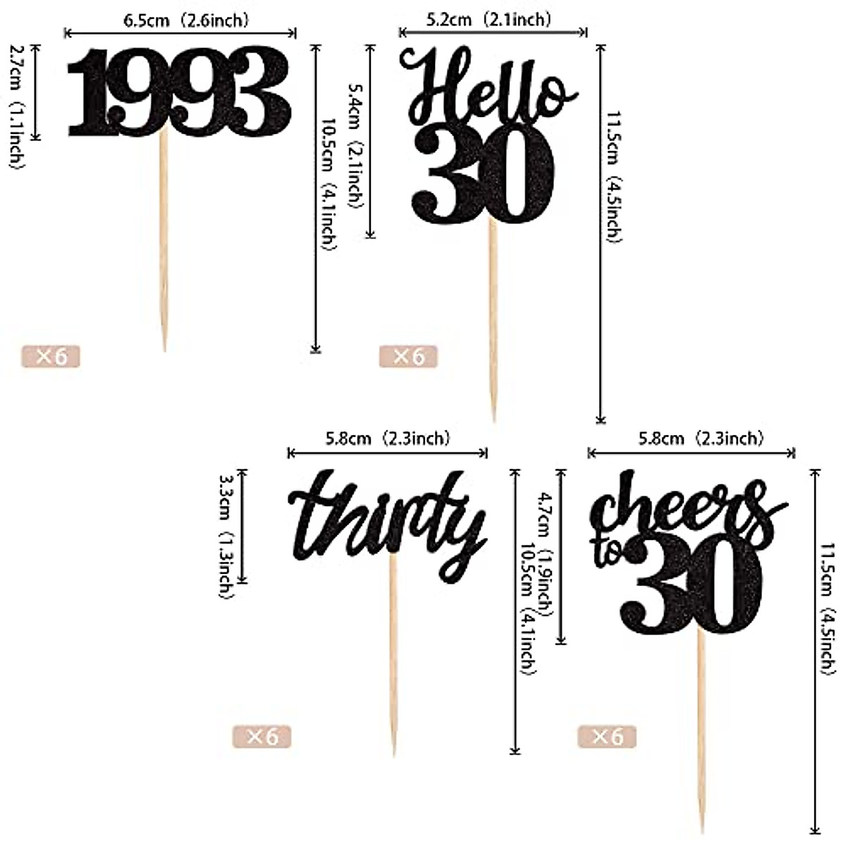 24 PCS Black 30th Birthday Cupcake Toppers Glitter Hello 30 Cupcake Topper Cheers to 30 Since 1993 Thirty Cupcake Picks for Happy 30th Birthday Anniversary Party Cake Decorations Supplies