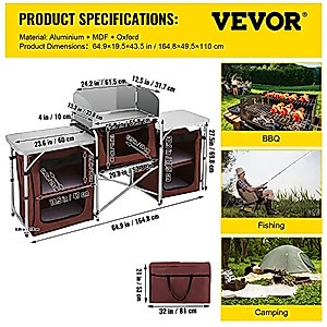 Happybuy Camping Kitchen Table, 3 Storage Organizer, Aluminum Windscreen Outdoor Folding Grill Station with 2 Side Tables, Camping Supplies and Accessories for BBQ Picnic Fishing Party Use, Brown