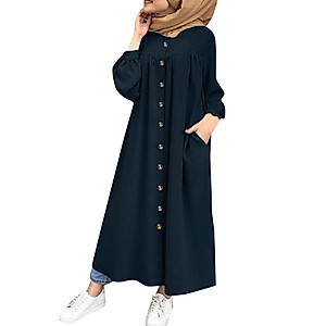 LKPJJFRG High Waist Smocked Flowy Tiered Mixi Dress Tie Back Puff Sleeve Tunic Dress Soft Comfy Pullover Long A-line Dress Navy