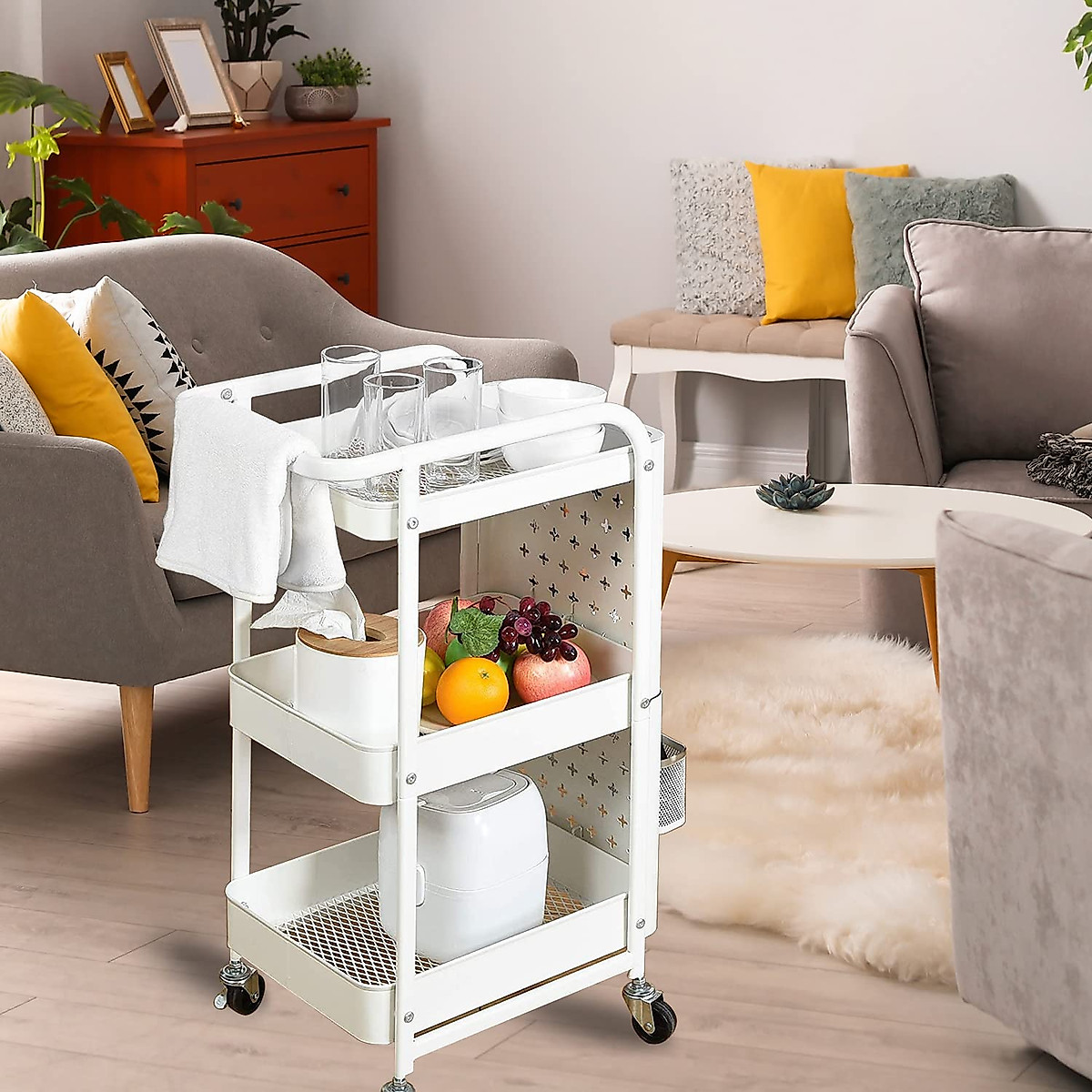 3-Tier Rolling Cart,Metal Utility Cart with Pegboard,Rolling Storage Carts with Wheels for Kitchen Living Room Office by Dailyart