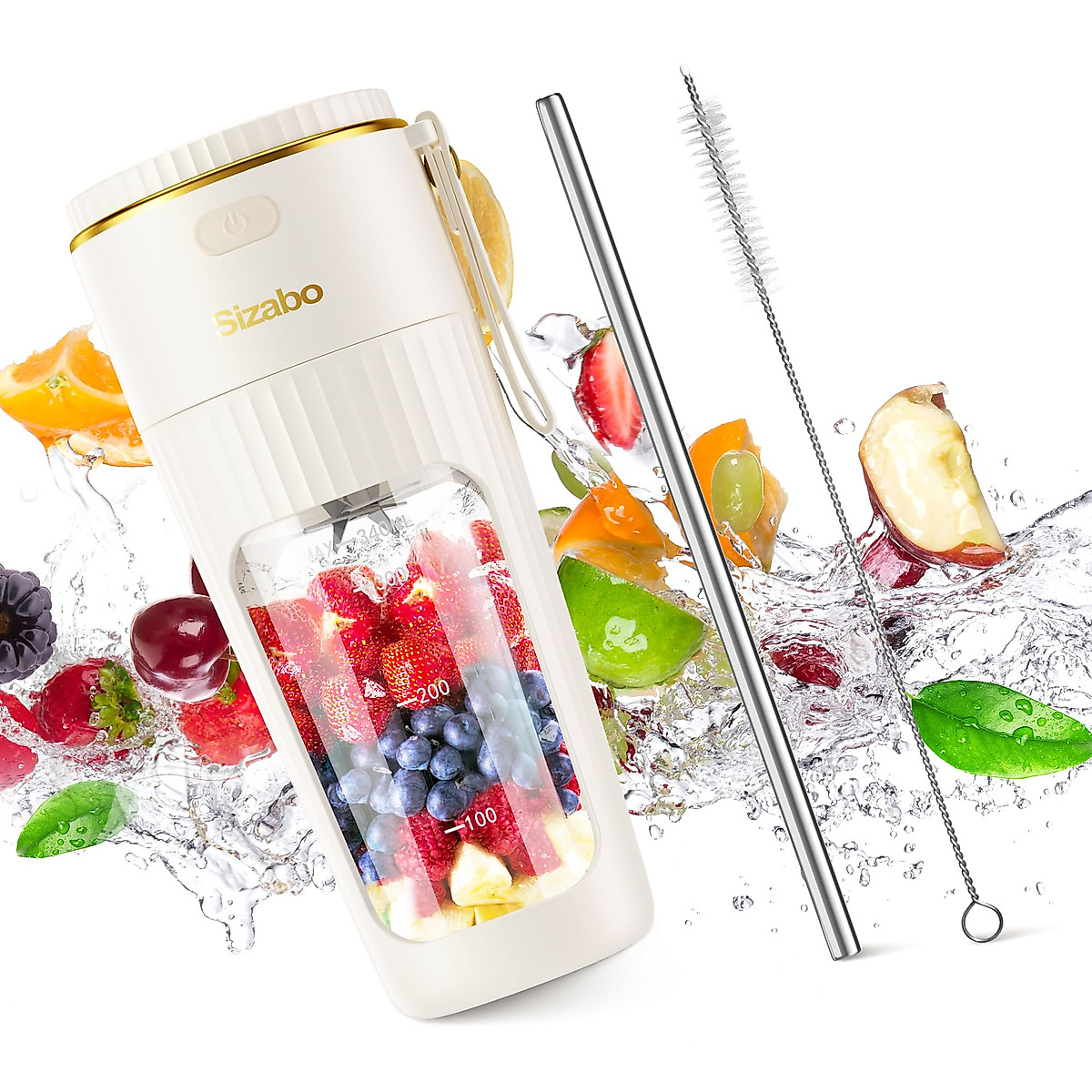 Sizabo Portable Blender,Travel Personal Size Blender for Shakes and Smoothies, Beach Blender Cup Rechargeable with 10 Blades, 3000mAh Mini Fruit Juice Mixer Sport Portable Blender Rechargeable White