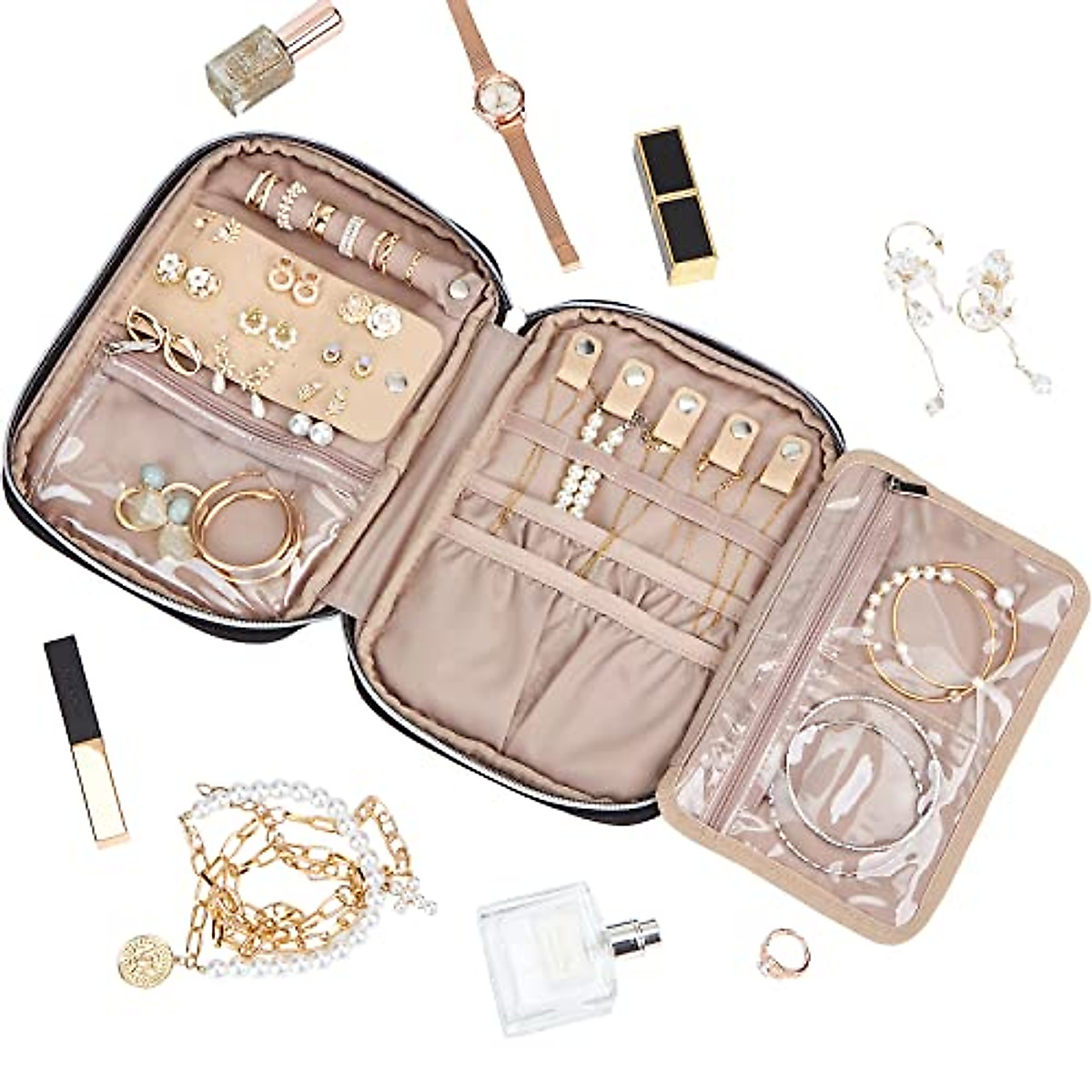 BELALIFE Travel Jewelry Organizer, Portable Jewelry Storage Case for Earrings, Rings, Necklaces, Bracelets, Black