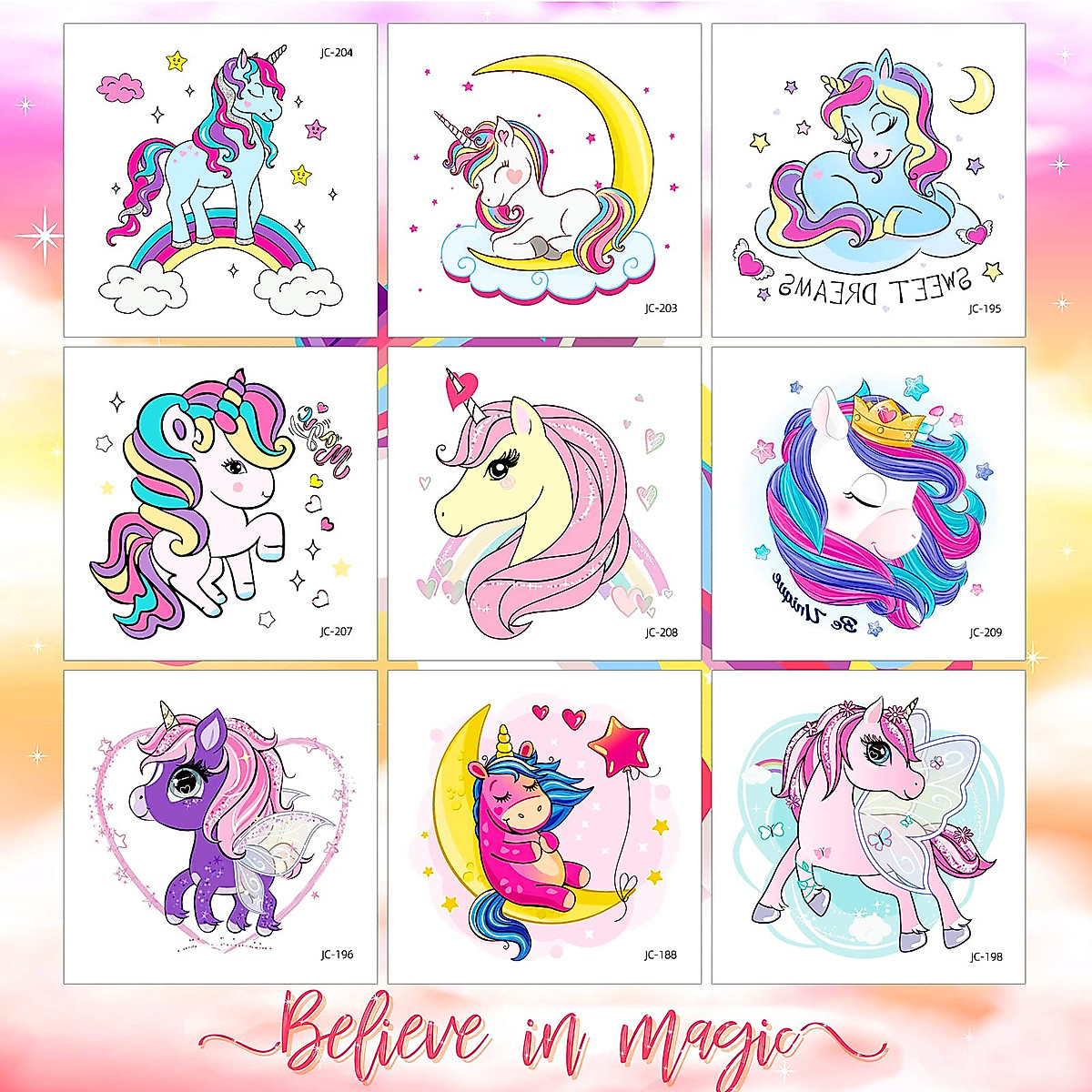 Konsait Temporary Tattoos Kids Party Decorations, 48 Sheets Fake Tattoos Games Gifts for Girls Children's Birthday Party Favors Goodie Bag Fillers Rainbow Party Supply