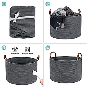 Large Baskets for Storage Cotton Rope Basket Laundry Basket Hamper- Hombins Woven Toy Bin Blanket Holder XXL Grey Collapsible Laundry Basket with Leather Handle, 20"X20"X13"