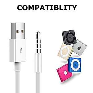 iPod Shuffle USB Charger - iPod Shuffle Charging [2-Pack] Charge SYNC Date Cable, Work with Apple iPod Shuffle 3rd, 4th, 5th, 6th Generation (White)