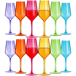 Shellwei 12 Pieces Plastic Wine Glass Colorful Plastic Goblets Stemmed Drinking Glasses Reusable Wine Glasses Set Drinkware for Party Wedding Restaurant Anniversary Christmas Birthday, 6 Colors