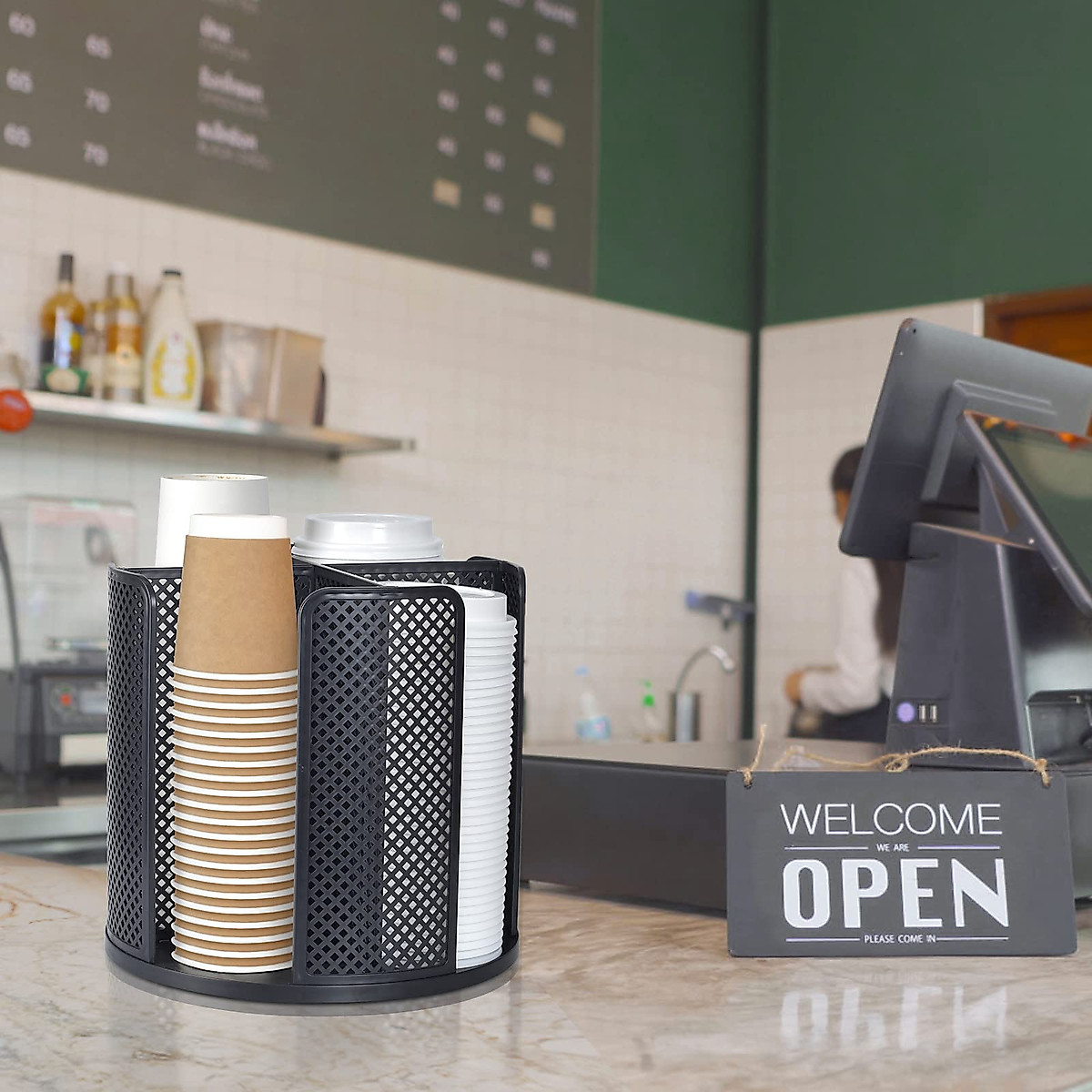 EOFJRUC Cup and Lid Organizer, 360° Rotatable Coffee Cup Dispenser for Disposable Plastic and Paper Cups of 5 to 16 oz, 4 Compartments Detachable Countertop Cup Holder, Black