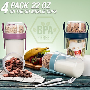 EYNEL 4 Pack On The Go 22 oz Breakfast Cups with Lids and Spoon, Reusable Cereal Yogurt Cup with Topping Plastic Overnight Oats Container for Granola Oatmeal (22 oz - 4 Pack)