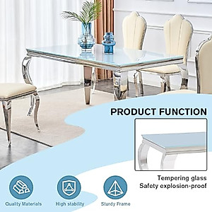 Nicemoods Modern Style Dining Table with Contemporary Tempered Contemporary White Glass Top S-Shaped Pedestal,Kitchen Table with Silver Stainless Steel Pedestal Base 59" Lx35.4 Wx29.5 H, Silver