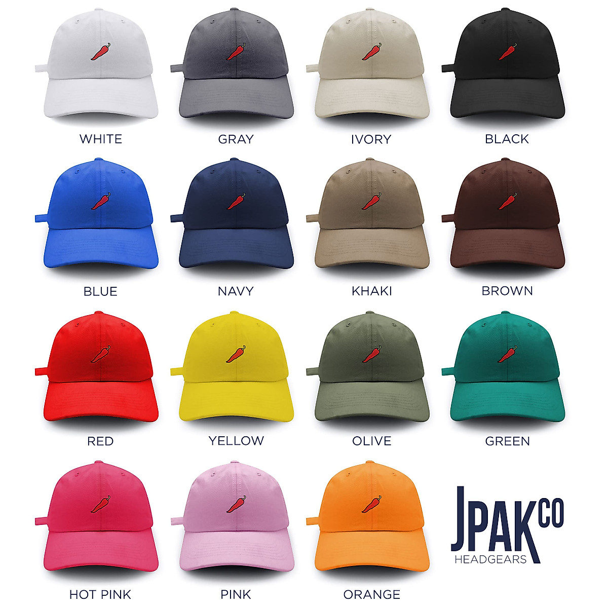 JPAK Chilli Pepper Baseball Cap Embroidered Cotton Dad Hat - Spicy White
