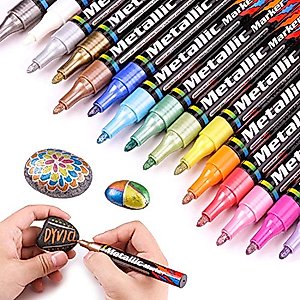 Dyvicl Metallic Markers Paint Markers, Broad Tip Paint Pens for Rocks, Halloween Pumpkin, Wood, Fabric, Glass, Ceramics, Metal, Plastic, Black Paper, Christmas Art Crafts, Set of 15