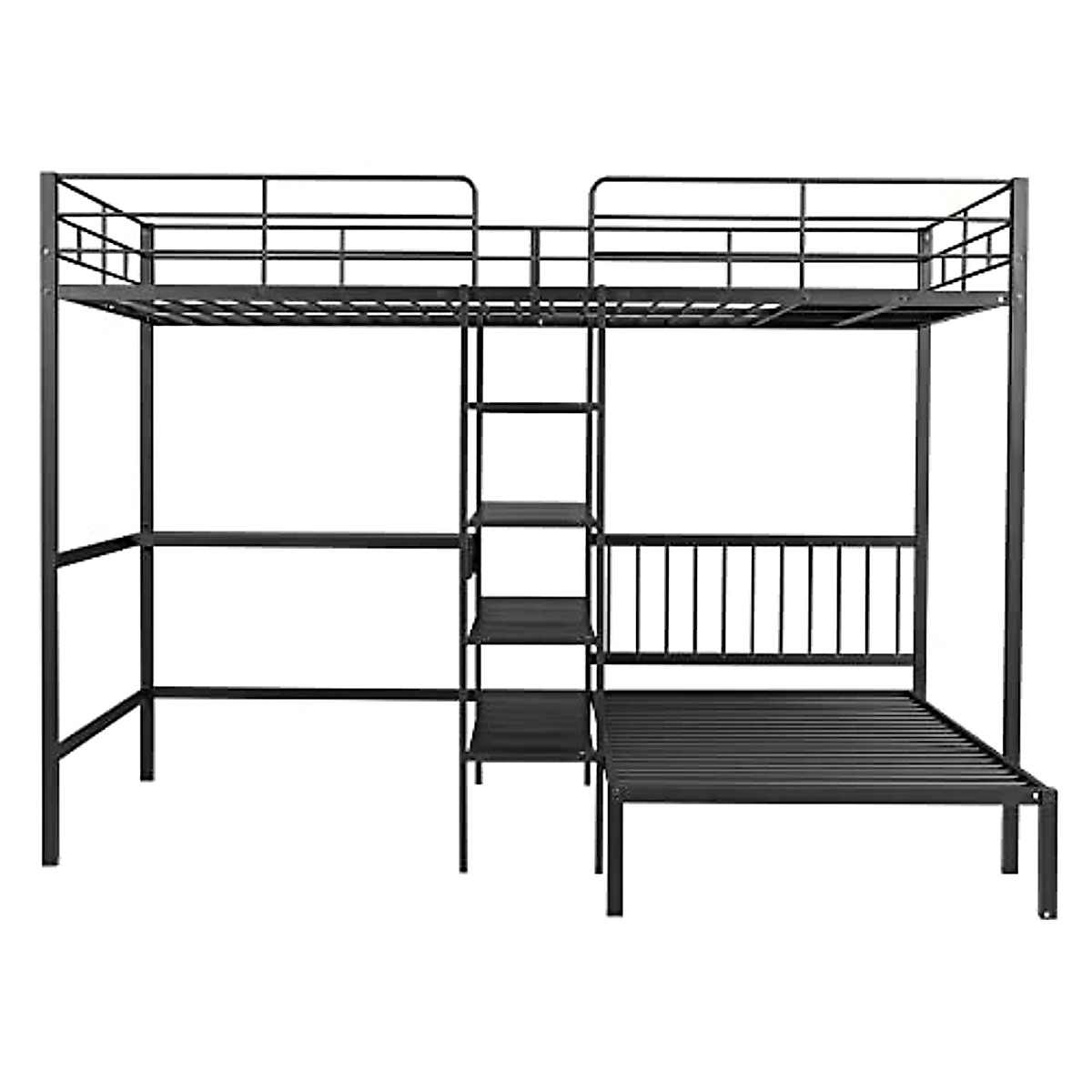 BOVZA Full Over Twin Metal Bunk Bed with Built-in Desk, Storage Shelves and Ladder, L Shaped Loft Bed Frame for Kids, Teens, Girls, Boys, Black